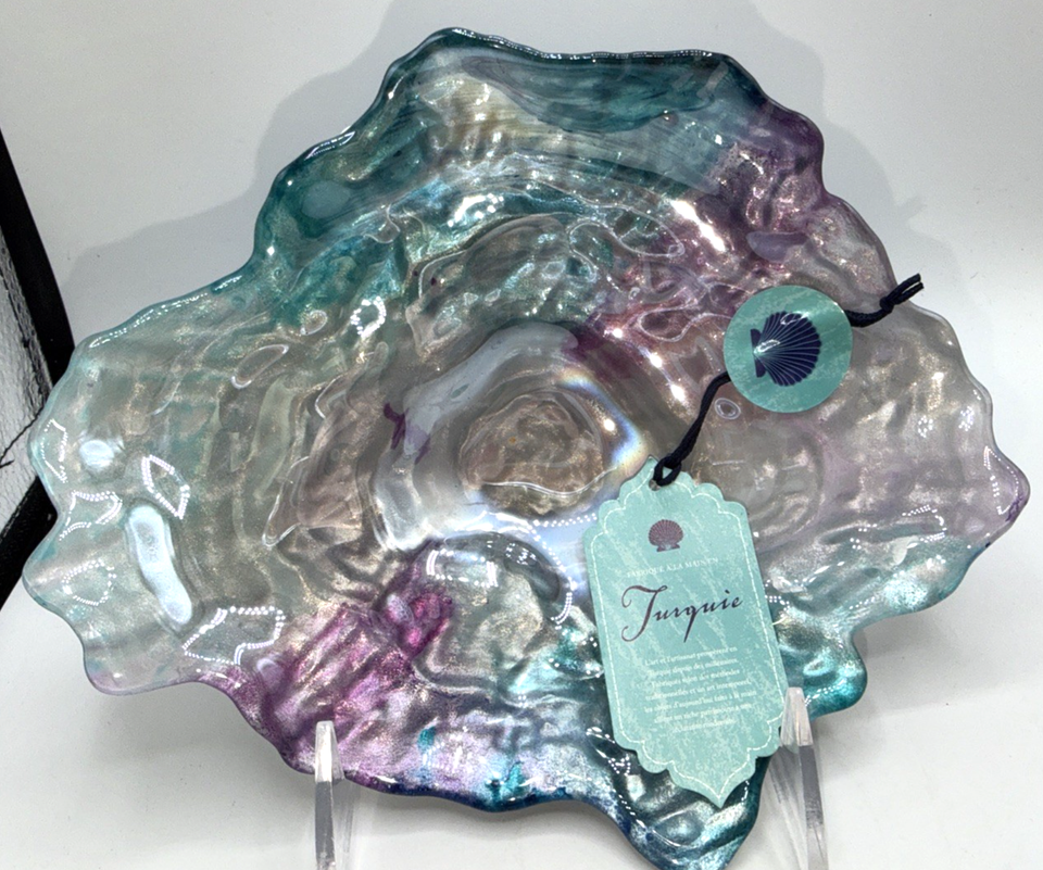 Luster Iridescent Blue Purple Glass Tray Seashell Shape Platter 8 1/4 ...