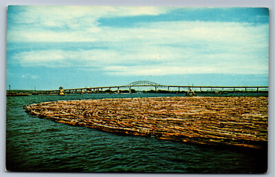Postcard MI Log Boom & International Bridge Saulte Ste. Marie Michigan ...