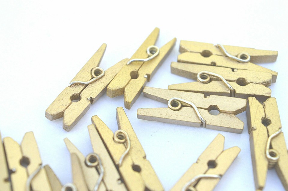 300 Gold 25mm Mini Wooden Clothes Pegs Craft Embellishments Wedding ...