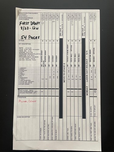 Rare 1995 STAR TREK: VOYAGER shot breakdown sheet "COLD FIRE" 8/23 ...