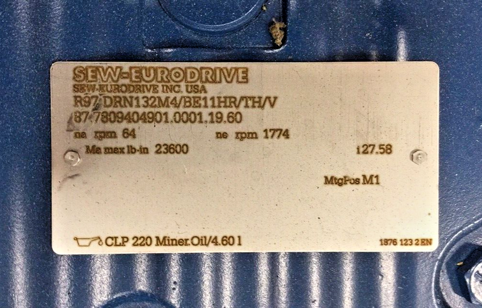 SEW Eurodrive R97-DRN132M4/BE11HR/TH/V x 27.58 ratio Motor Gear Box 3ph ...