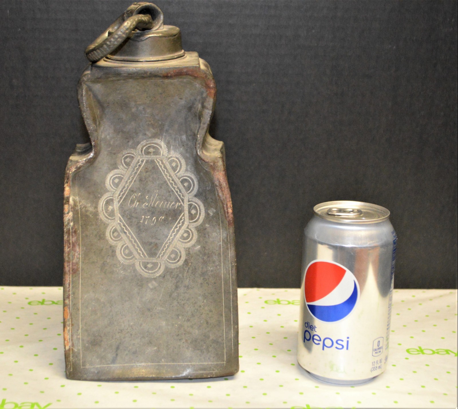 Rare 1790's Pewter Whiskey Flask Canteen Ornate Engraving & Name ...