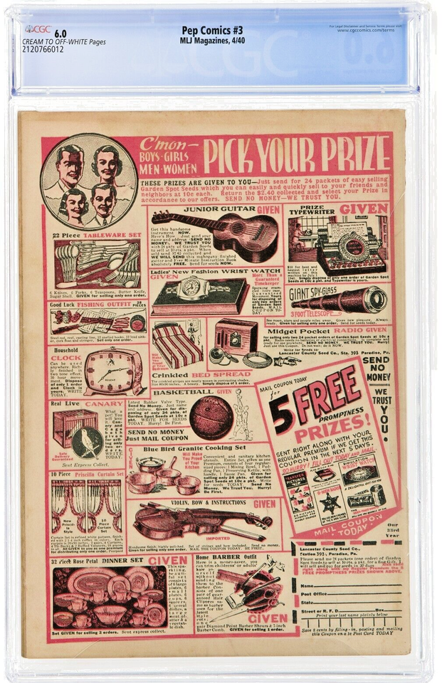 PEP COMICS #3 CGC F 6.0 MLJ MAGAZINES 1940 WWII SUBMARINE COVER! | eBay