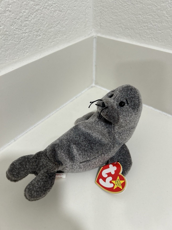 Slippery Ty Beanie Baby 1998 Gray Seal MWMT Retired Ocean Animal Plush ...