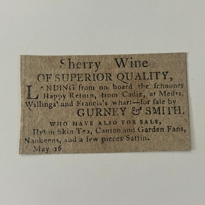 Gurney & Smith Sherry Wine Superior Quality 1802 Philadelphia Clipping ...
