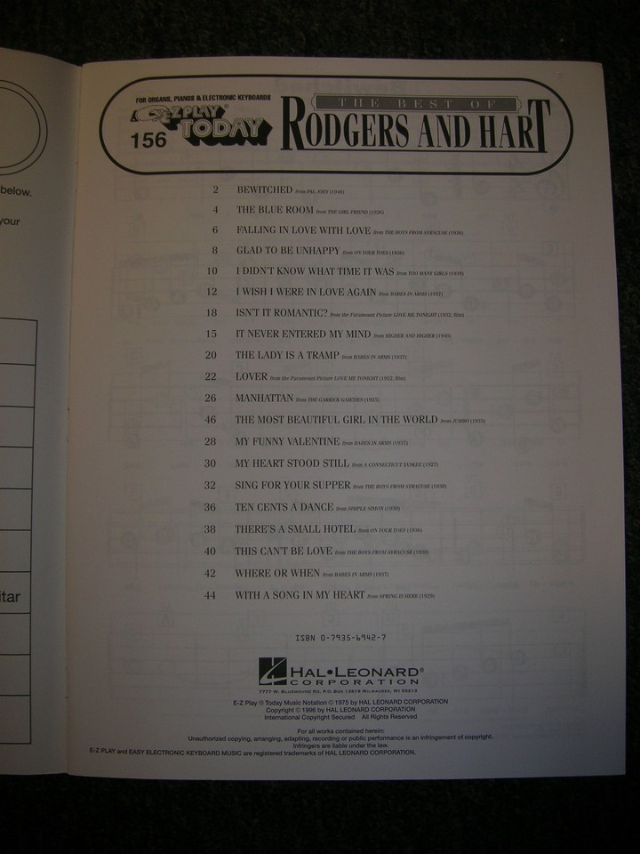 EZ PLAY Songbook #156 The Best Of Rodgers and Hart | eBay