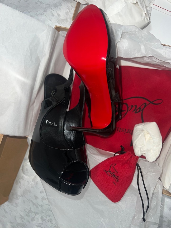 Christian Louboutin Hot Chick Sling Alta 120 Black Patent EU 37 New w ...