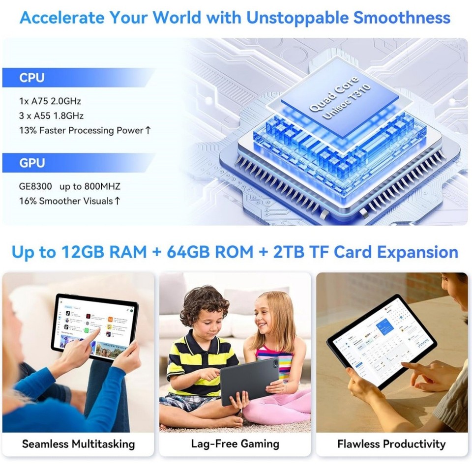 TABWEE T80 WiFi Tablet 10 Inch Android 15 12GB+64GB+2TB TF 6000mAh ...