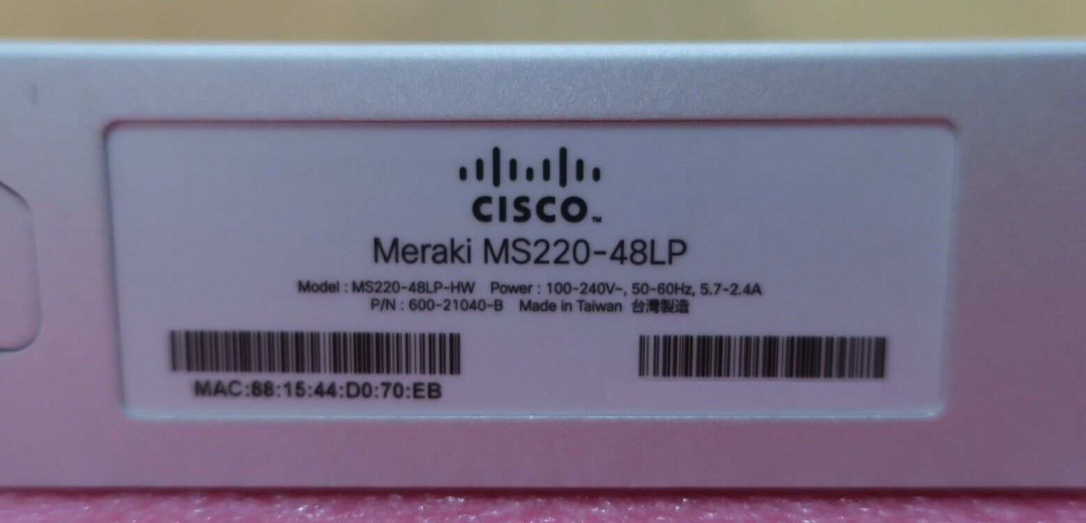 Cisco Meraki MS220-48LP-HW 1U Cloud Switch 48x 1GbE POE+ 4x1G SFP Port ...