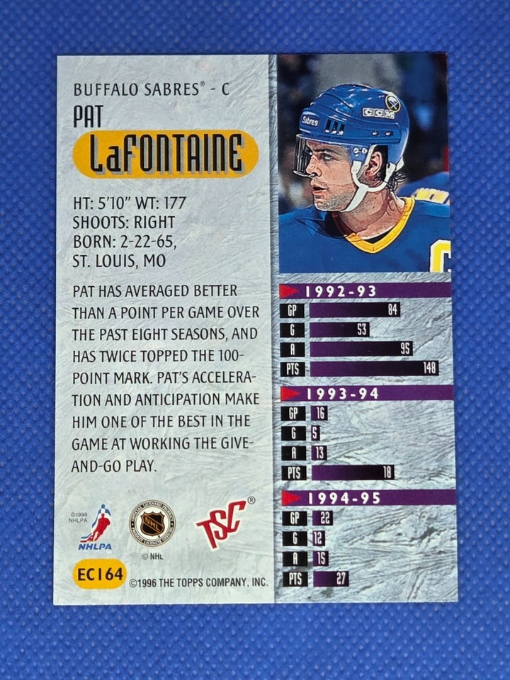 1995 Topps Stadium Club PAT LAFONTAINE card Members Only #164 BUFFALO ...