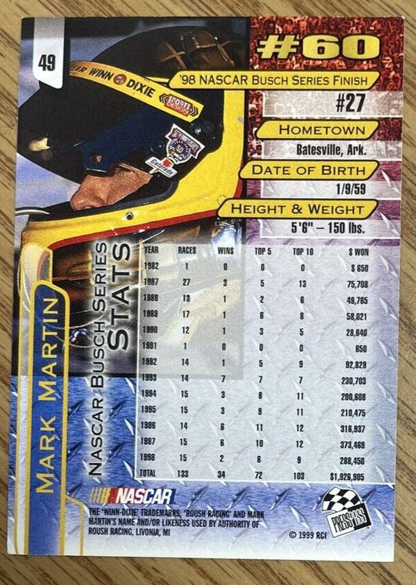 MARK MARTIN - 1999 Press Pass - Card #49 - Signed | eBay