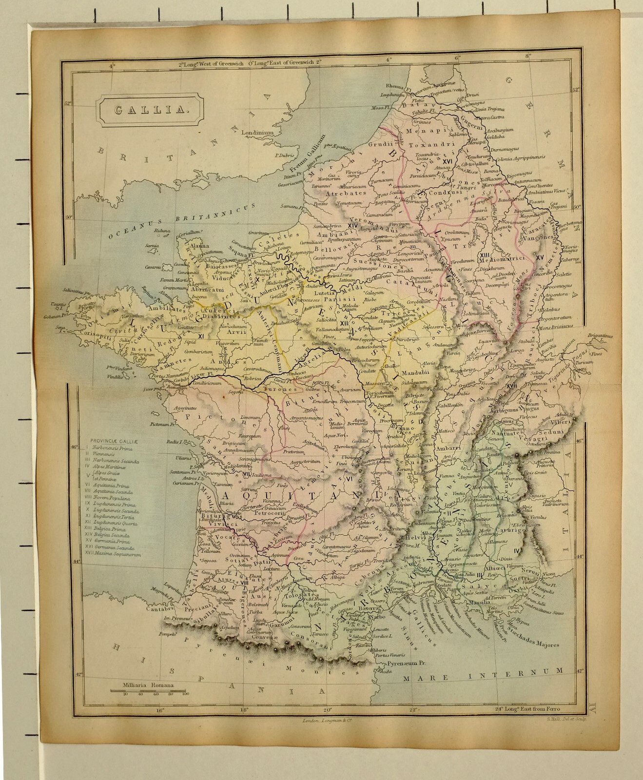 1851 HAND COLOURED ANCIENT MAP GALLIA AQUITANIA LUGDUNENSIS NARBONENSIS ...
