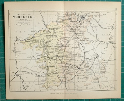 1882 SMALL ANTIQUE COUNTY MAP ~ WORCESTER BEWDLEY KIDDERMINSTER TENBURY ...