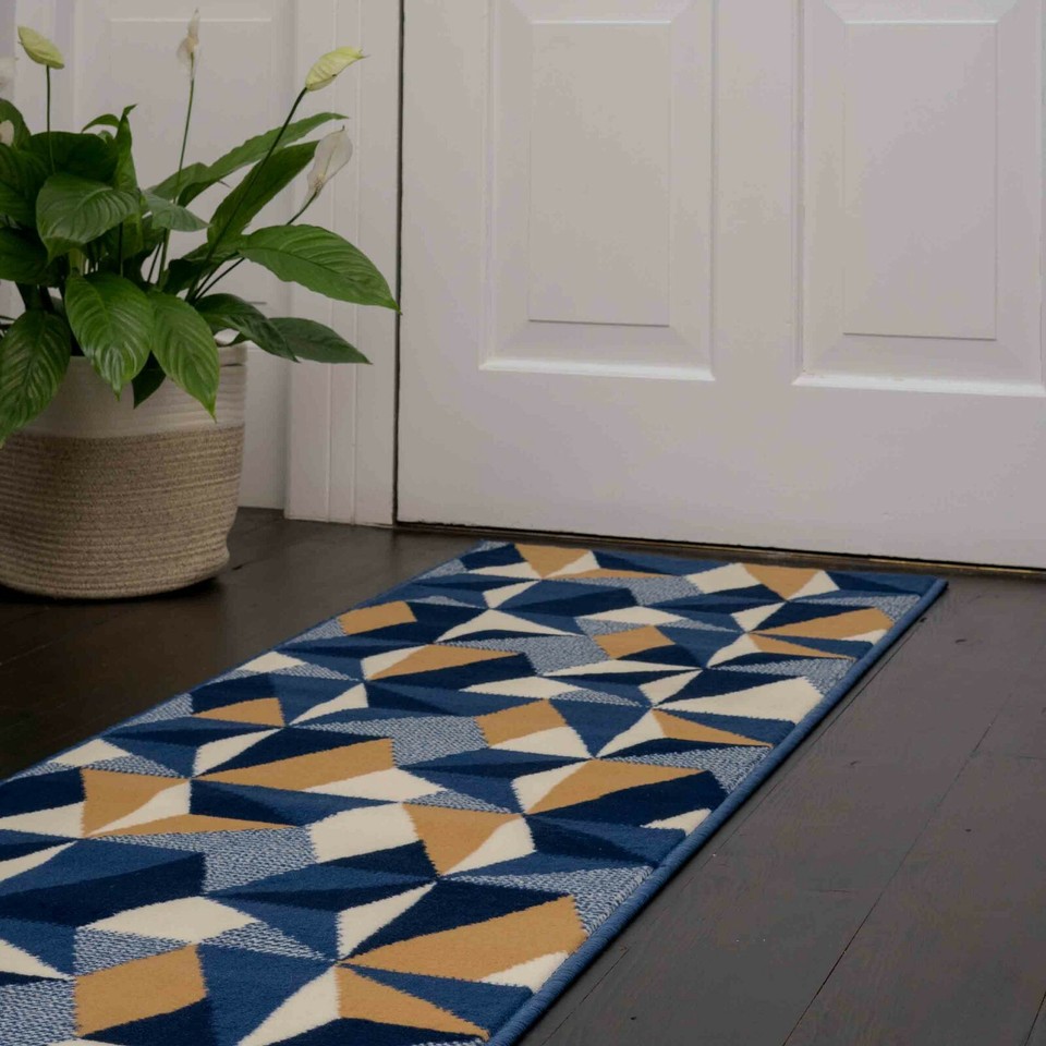 Navy Blue Geometric Rug for Living Room | Grey Stylish Extra Long ...