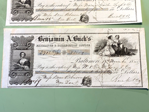 2 - 1845 Benjamin Bucks Exchange Draft Baltimore MD - Embossed Revenue ...