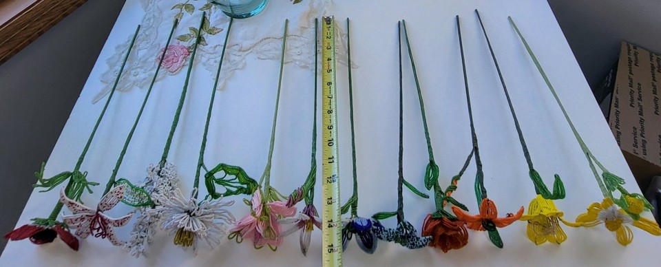 RARE Lot 12 + 4 Buds Large Vintage Glass Seed Beaded Flower Boquet | eBay