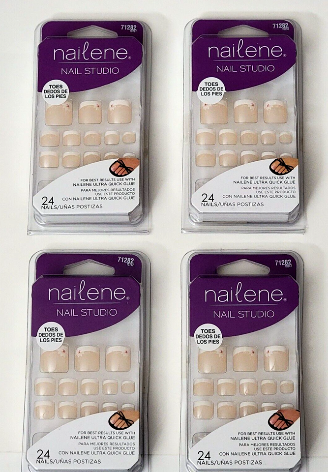 4 pk NAILENE Nail Studio 24 TOES NAILS per pack FRENCH TIP PEDICURE NO ...