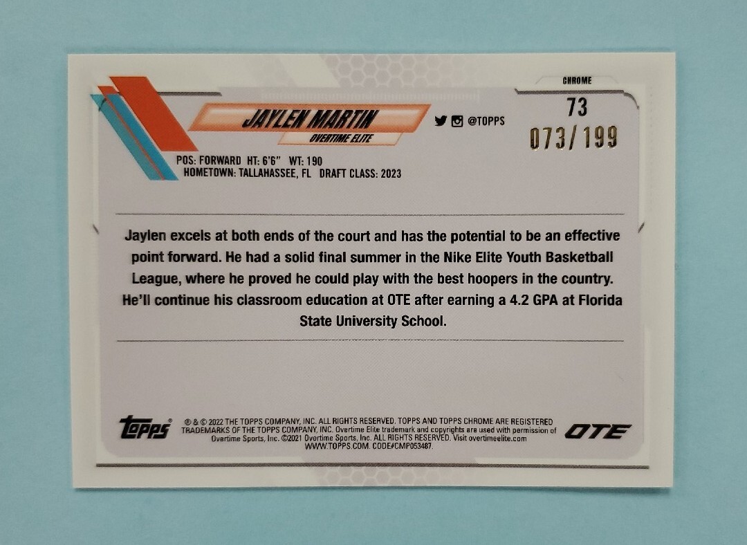 2021 Topps Chrome OTE Jaylen Martin Aqua Green Refractor Rookie RC #73 ...