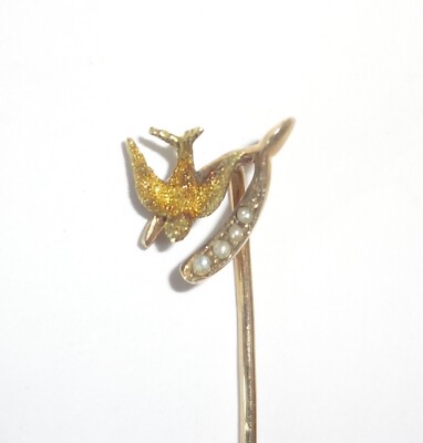 Antique Wishbone & Swallow Bird Stick Pin 10K Yellow Gold Seed Pearl | eBay