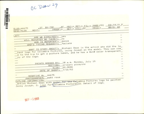 1993 Press Photo Michael Deas logo for Columbia Pictures - nod11351 | eBay