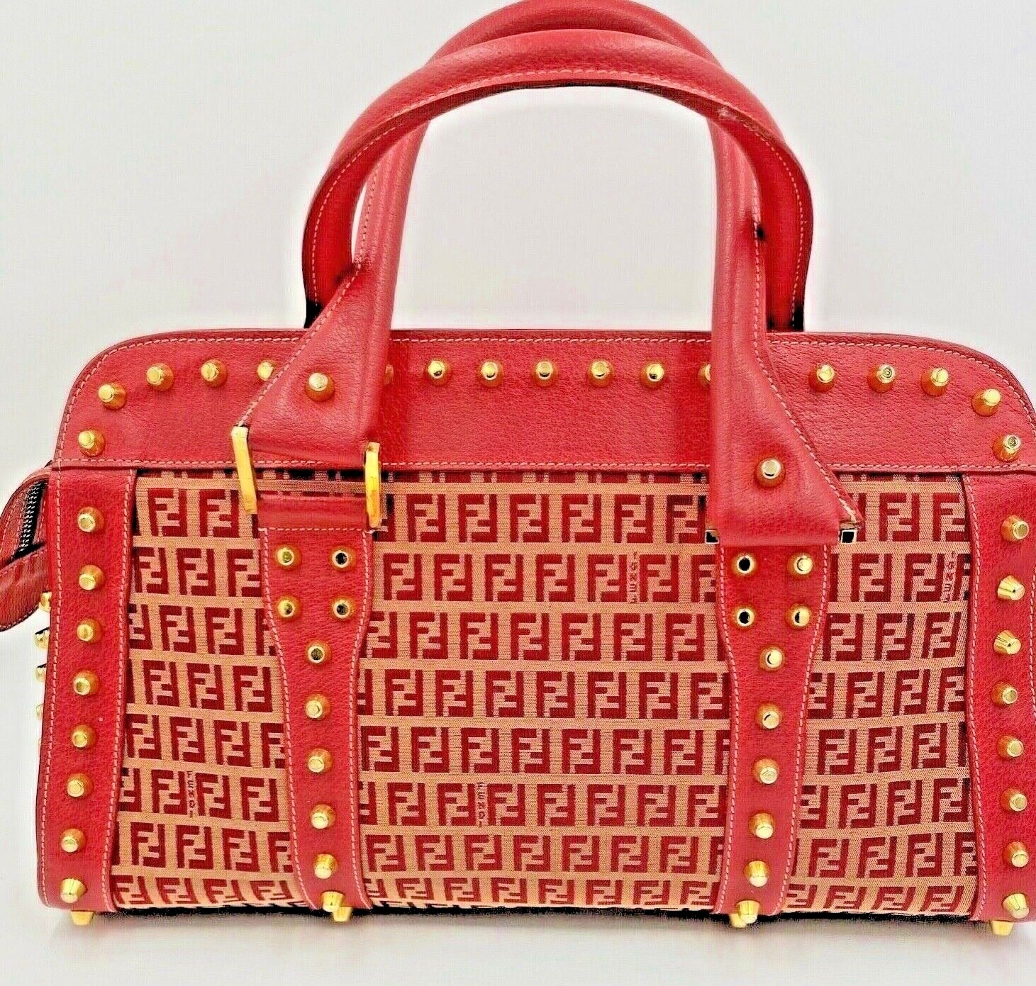 Fendi Canvas Logo Red Leather Gold Studded Tote Bag - Gem