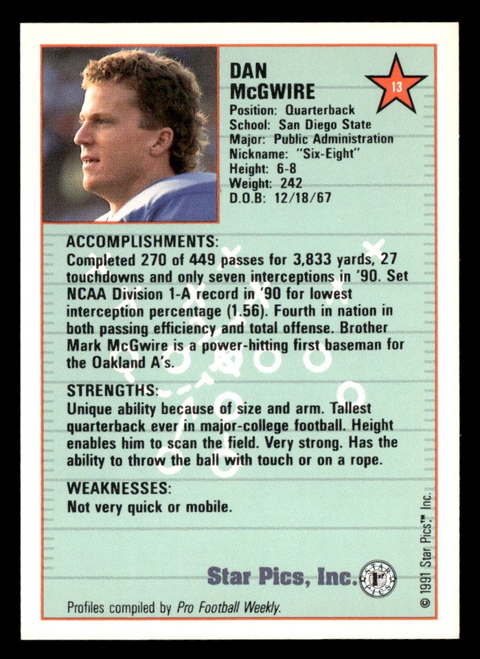 Dan McGwire 1991 Star Pics Rookie Card #13 San Diego State Aztecs | eBay