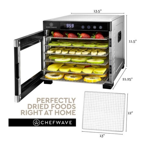 ChefWave 6 Tray Food Dehydrator with Stainless-Steel Racks Temp and ...