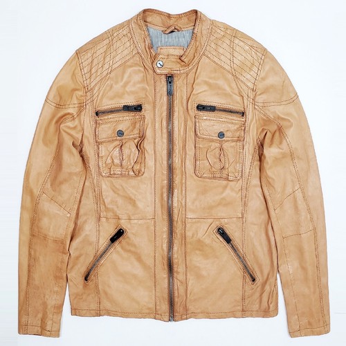 MAZE Leather Biker Jacket Field Moto MC Motorcycle Zip Sand Orange ...