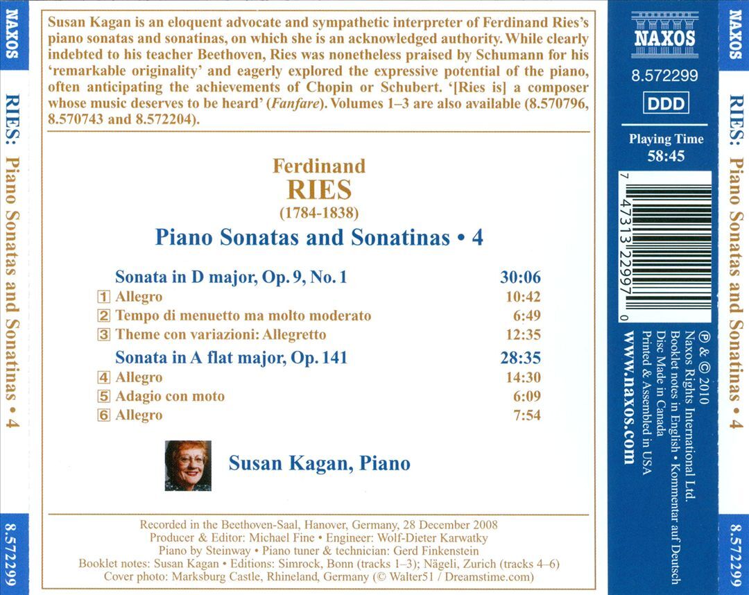 SUSAN KAGAN FERDINAND RIES: PIANO SONATAS AND SONATINAS, VOL. 4 NEW CD ...