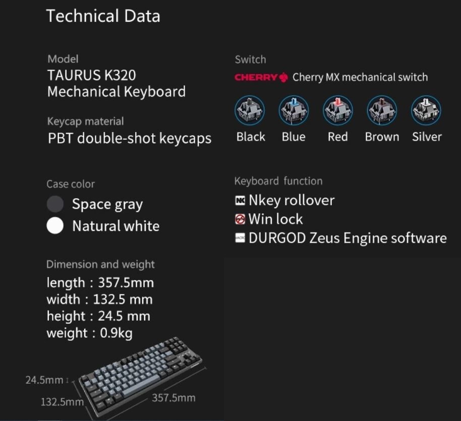 Durgod Taurus K320 Mechanical Gaming Keyboard - Space Gray & White ...