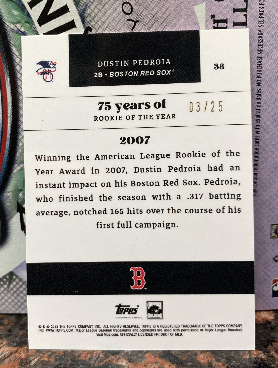 2022 Topps MLB Rookie of the Year 75th Anniversary Dustin Pedroia Blue ...