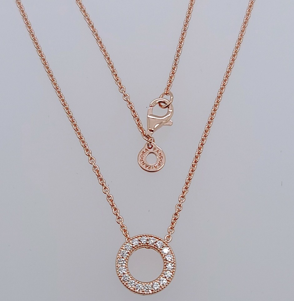 NEW 100% Authentic Pandora Rose Gold Logo Pavé Circle Collier Necklace ...