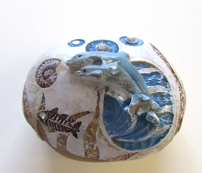 Dolphin Stone Jewelry Box-Trinket Box-two dolphins seashell browns blue ...