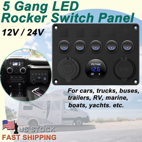 5 Gang 12V Switch Panel 2 USB ON-OFF Toggle for Car Boat Marine RV ...
