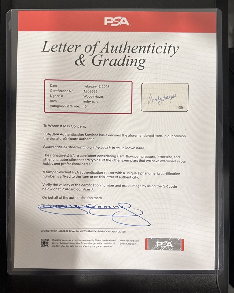 Woody Hayes Legendary OSU Coach Signed Index Card. COA PSA/DNA Auto ...