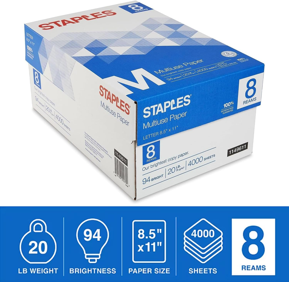 Staples Multiuse Copy Paper, 8 1/2" X 11" Letter Size, Fax Inkjet ...