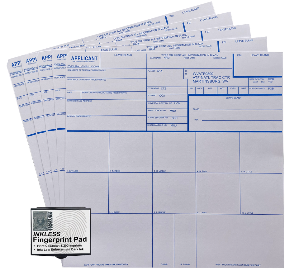 12 FD-258 FBI Fingerprint Cards for NFA Applications-Includes ATF ORI ...