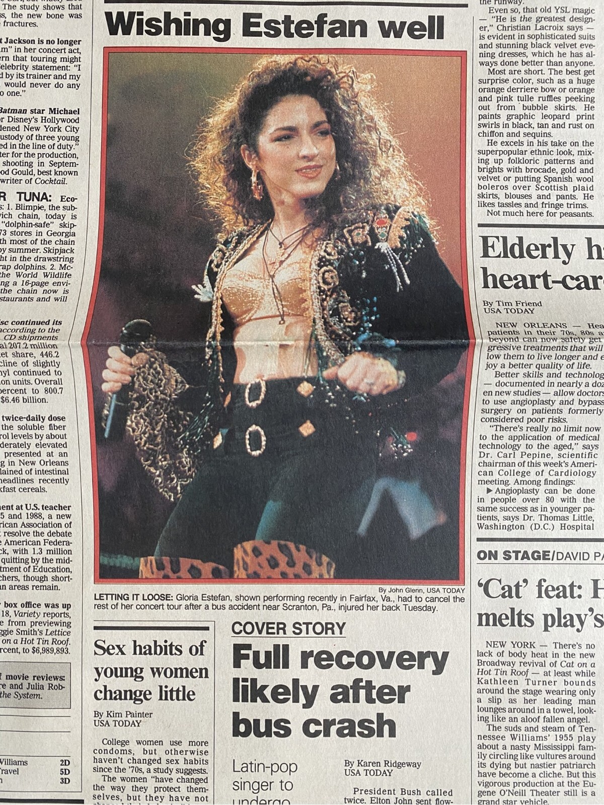 USA TODAY NEWSPAPER-MARCH 22, 1990-GLORIA ESTEFAN RECOVERY FROM BUS ...