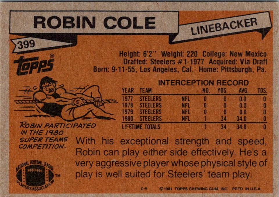 1981 Topps Robin Cole #399 Pittsburgh Steelers Football Card | eBay