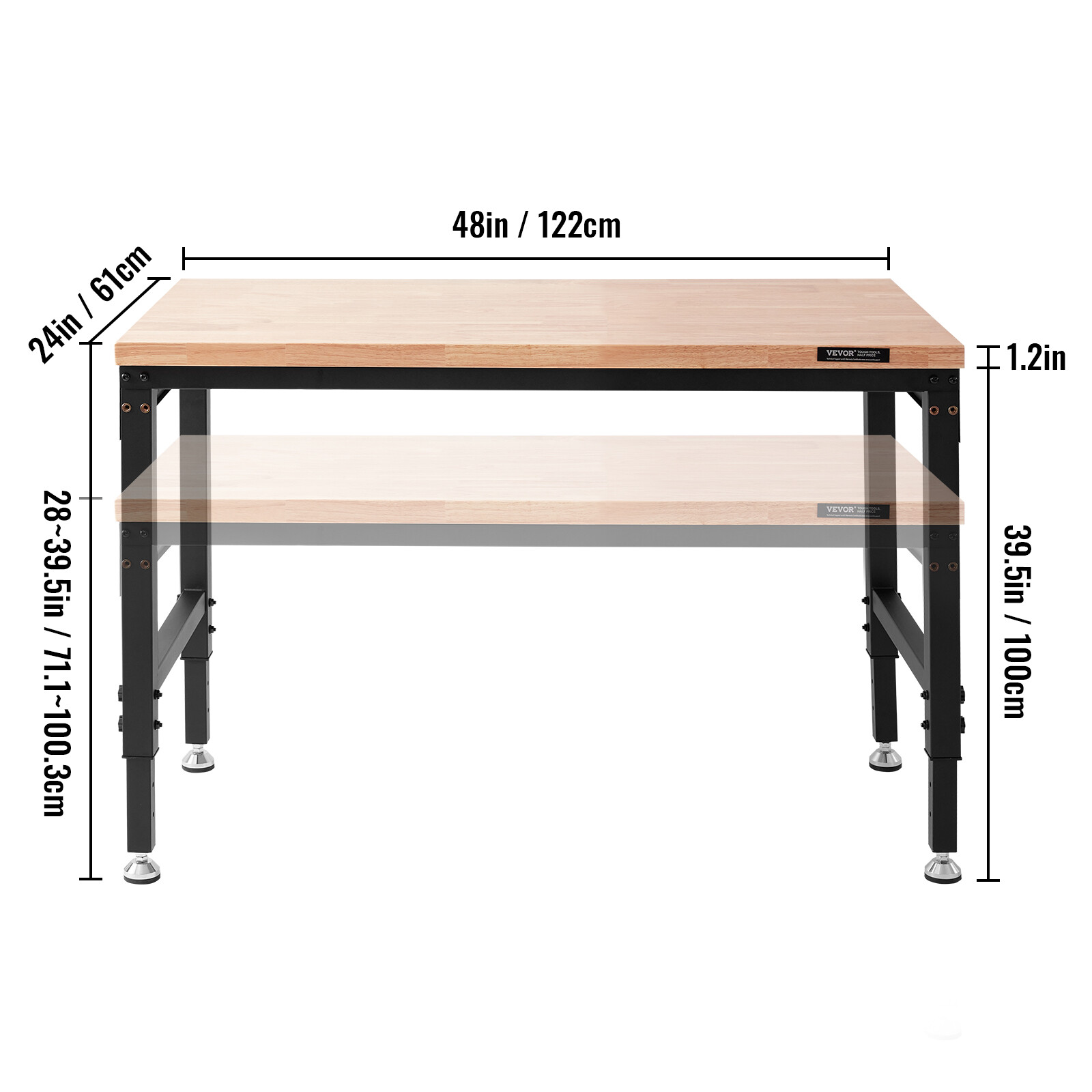 VEVOR Adjustable Height Workbench 48"L x 24"W Work Bench Table w/ Power ...