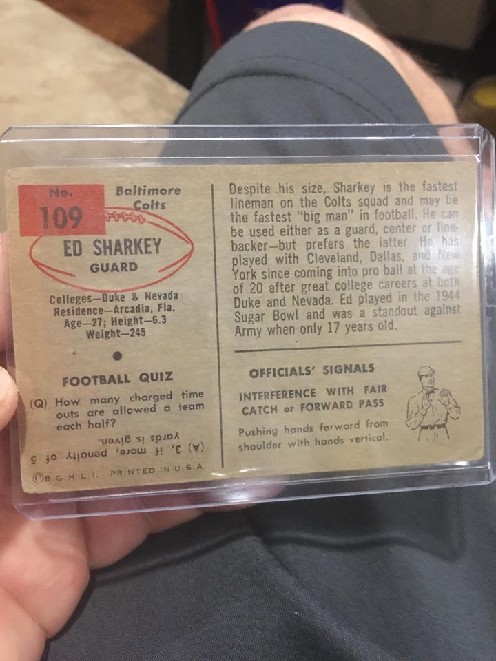 ED SHARKEY 1954 BOWMAN #109 BALTIMORE COLTS ROOKIE VINTAGE FOOTBALL RC ...