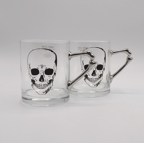 SILVER TONE BONE HANDLED GLASS MUG CUP W/SKULL DESIGN HALLOWEEN SET OF ...