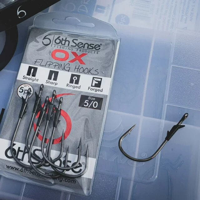 6th Sense OX Flipping Hooks 5/0 Straight Sharp Ringed Forged 5-Pack New ...