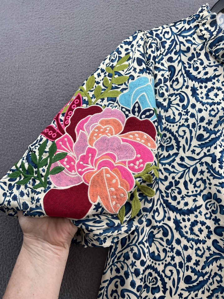 THML Shirt Womens Medium Blue White Mock Neck Puff Sleeve Boho ...