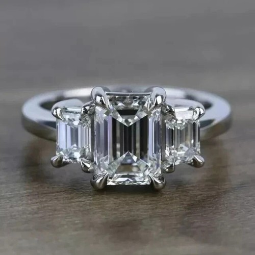 3Ct Lab Created Emerald Diamond Three Stone Engagement Ring 14K White ...