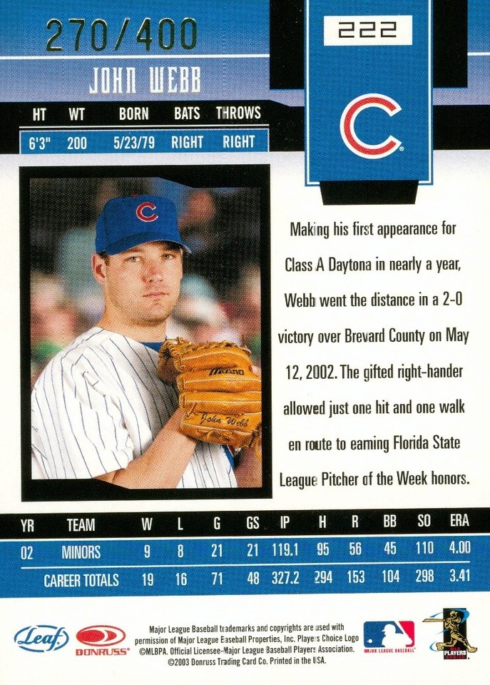 2003 Leaf Certified Materials SP John Webb 222 Cubs 270/400 | eBay