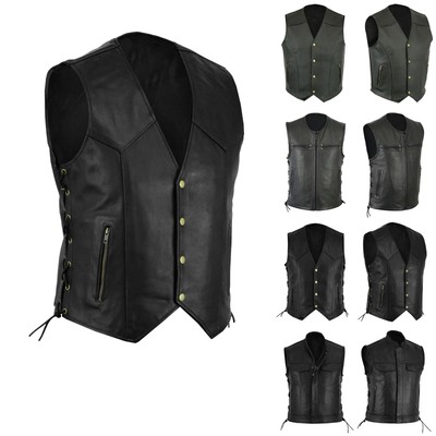 Men's Adjustable Sleeveless Leather Vest Solid Tactical Motorcycle ...