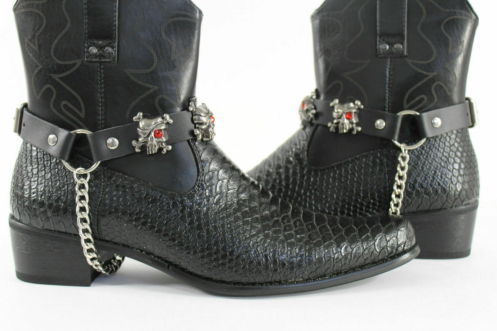 Motard Hommes Bottes Western Argent Chaînes Simili Cuir Lanières Métal ...