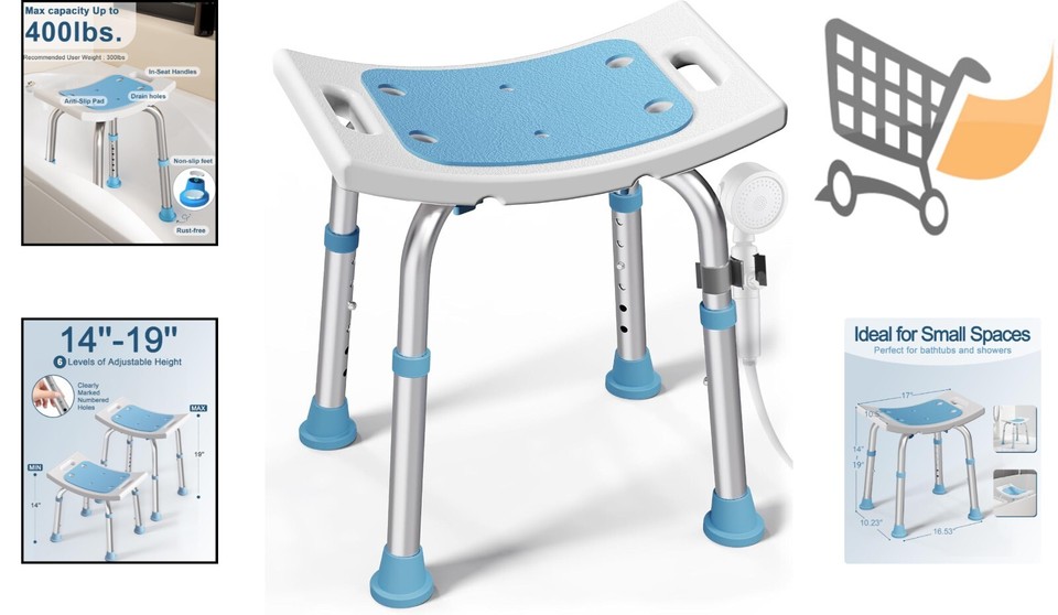 Shower Chair Aluminum 400lbs Adjustable Bath Stool with Suction Feet ...