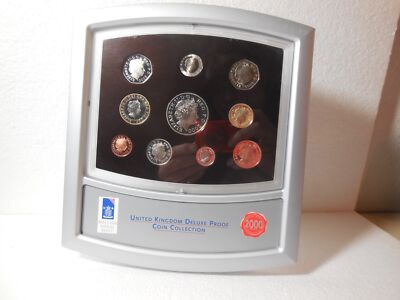 U.K. 2000 TEN COIN PROOF SET WITH MILLENNIUM £5 COIN IN DELUXE SWIVEL ...
